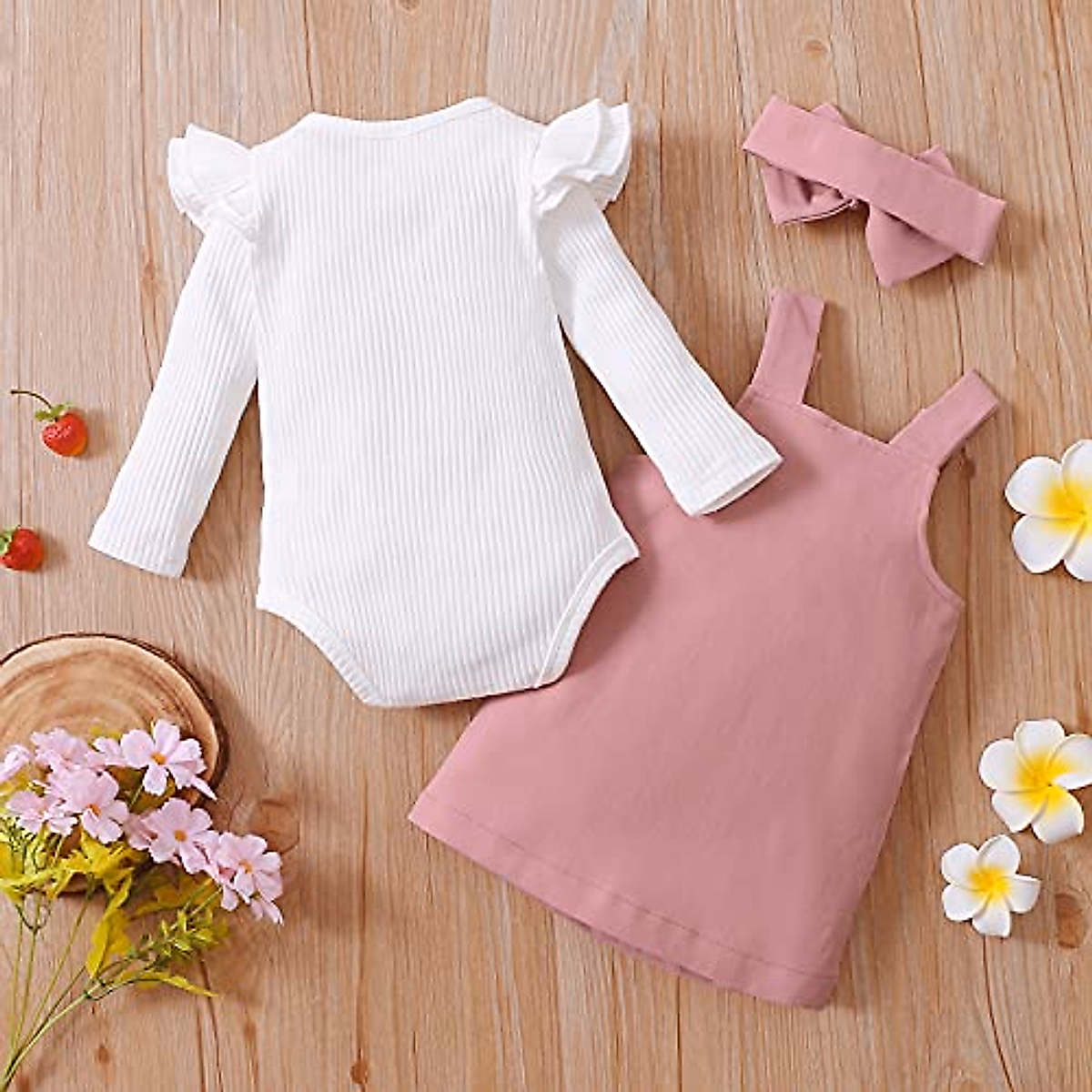 Newborn Baby Girl Fall Clothes Ruffle Long Sleeve Ribbed Romper Corduroy Suspender Skirts Infant Overalls Dress Outfits (Pink , 3-6 Months )