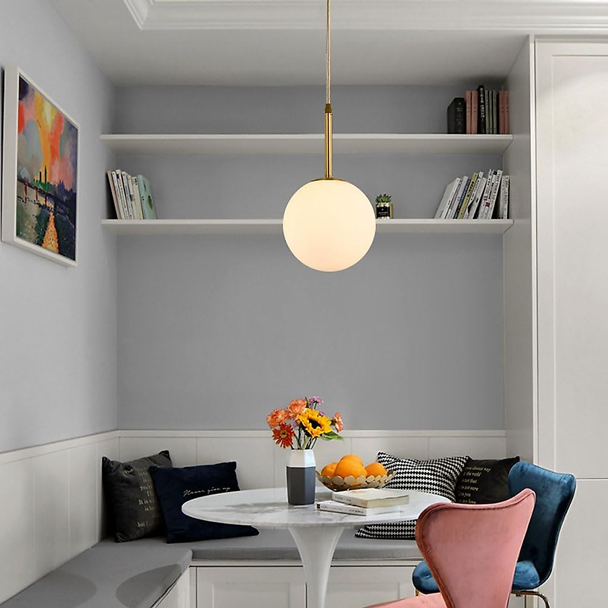 THINKBEEST White Globe Pendant Light Fixture with Glass Lampshade, Gold Decor Hanging Lamp, Minimalist Style Hanging Light E26/E27 Base, 59in Wire Adjustable Chandelier for Living Room, Foyer