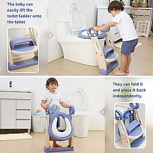 Potty Training Seat with Ladder, Toddler Toilet Seat with Double Step Stools, Newest Potty Training Toilet with Anti-Slip and Mushroom Shape Design for Kids Boys and Girls(Blue)