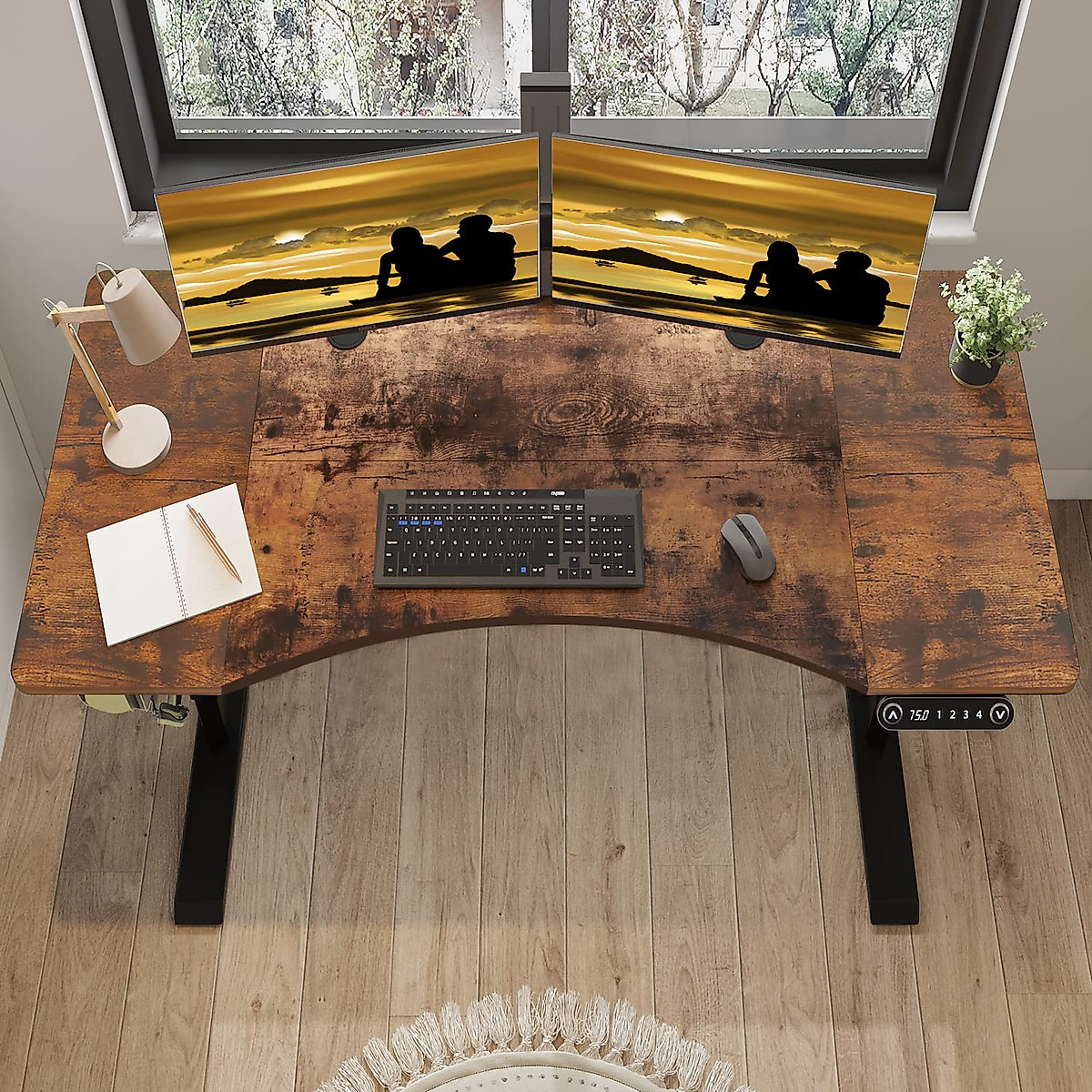 Jceet Dual Motor Electric Standing Desk - 63 x 30 Inch Adjustable Height Sit Stand Computer Desk with Splice Board, Stand Up Desk Table for Home Office, Rustic Brown Top(with Radian)