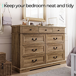 LINSY HOME Dresser for Bedroom, 9 Drawer Long Dresser with Antique Handles, Wood Chest of Drawers for Living Room, Entryway and Hallway, Rustic Brown