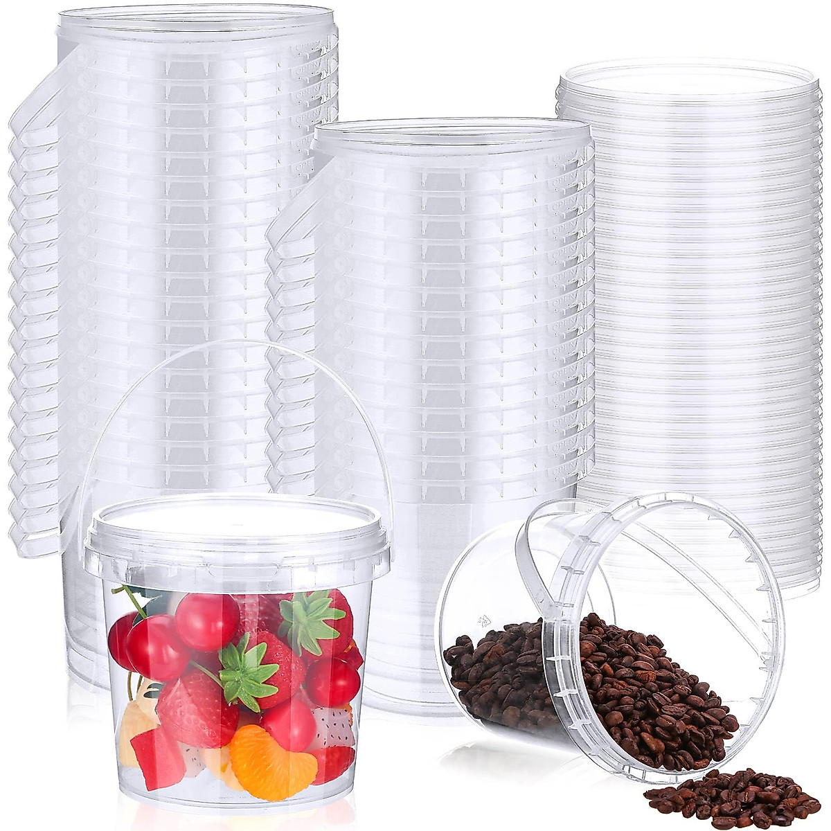 Mifoci 50 Pcs Food Clear Bucket Plastic Gallon Bucket Round Reusable Ice Cream Containers with Lids and Handles Airtight Clear Plastic Tub Freezer Reusable Pail for Kitchen Drinks Home (24oz)