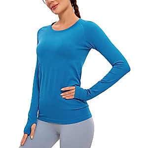 CRZ YOGA Women's Seamless Athletic Long Sleeves Sports Running Shirt Breathable Gym Workout Top Super-Sonic Blue X-Small