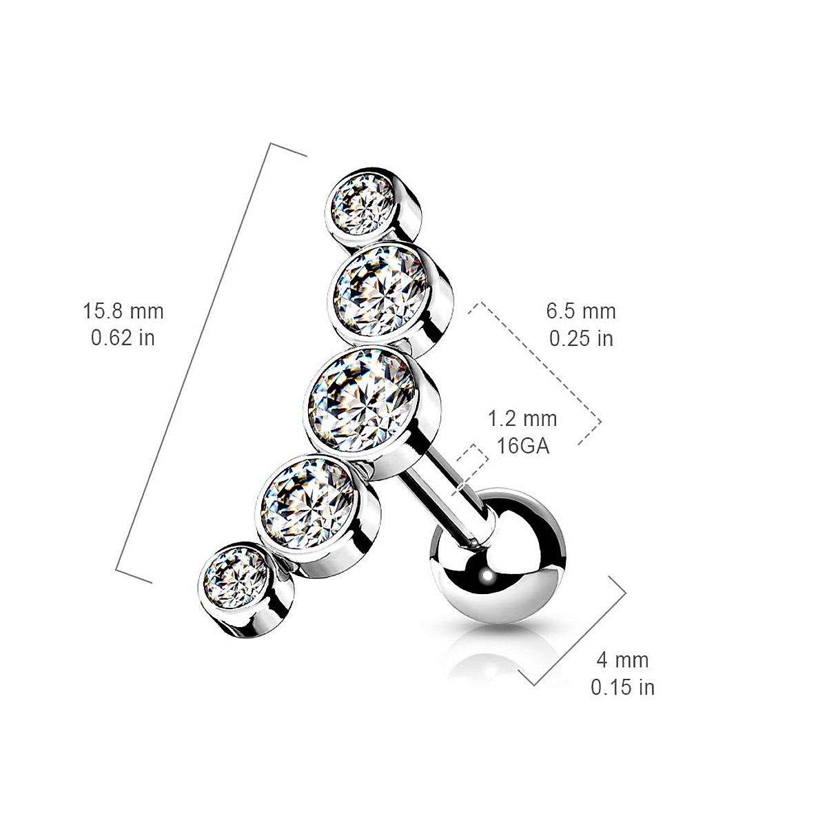 Amelia Fashion 16 Gauge 5-Round Gem Set Curve Top 316L Surgical Steel Cartilage Barbell Studs (Aurora Borealis)