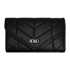 XOXO Women’s Wallet Small Black Vegan Leather Quilted Pattern Fold With Chain Crossbody Strap