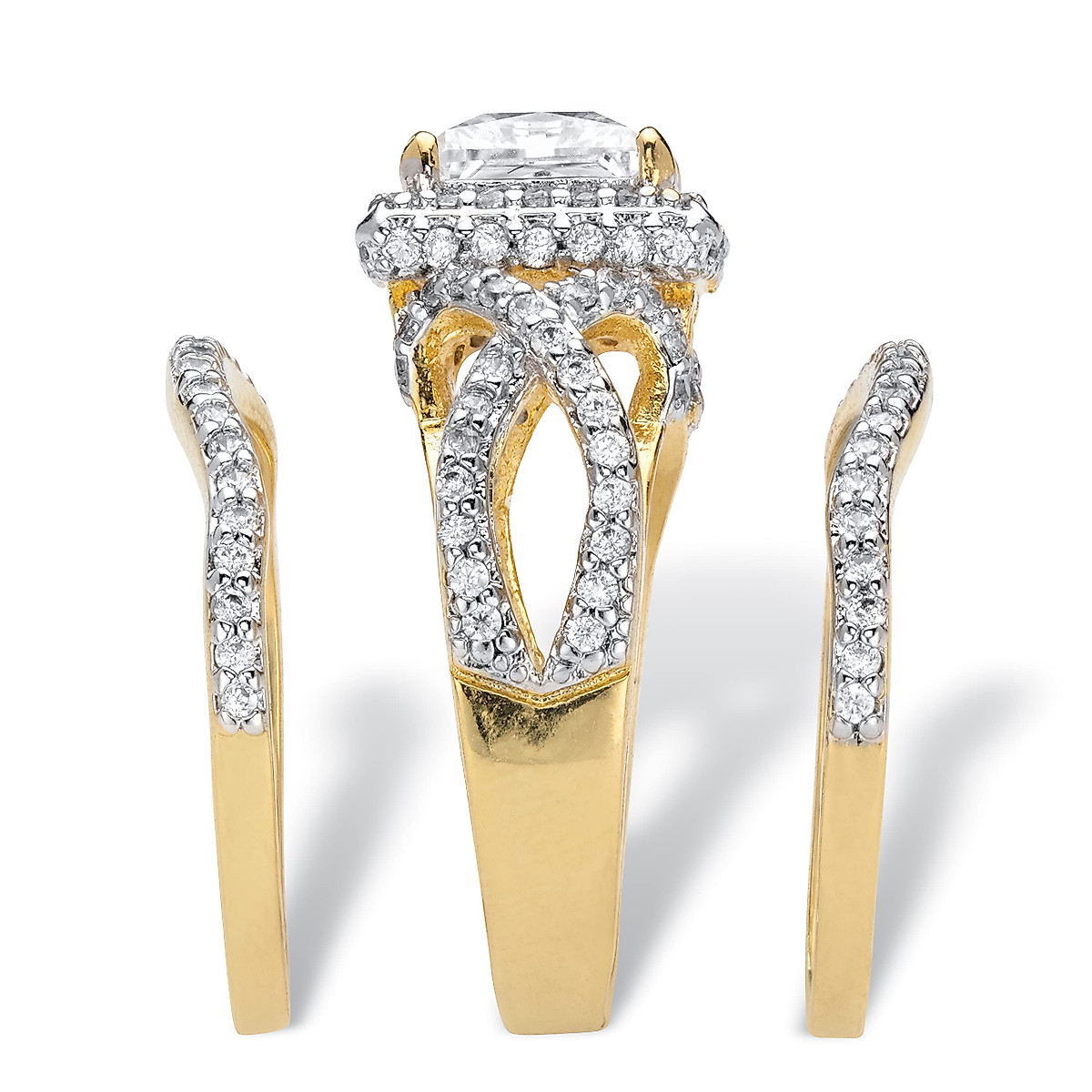 PalmBeach Yellow Gold-Plated or Platinum-Plated Sterling Silver Princess Cut Cubic Zirconia 3 Piece Halo Crossover Bridal Ring Set Size 9