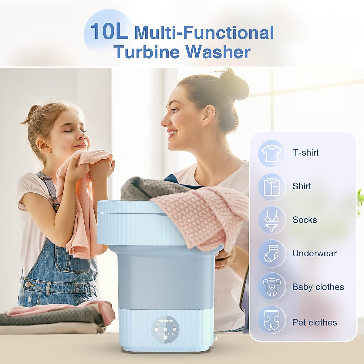Foldable Washing Machine, 10L Large Capacity Portable Washer with High Speed Motor, 3 Modes Deep Cleaning Baby Clothes Underwears Socks Suitable for RV Travel Camping Apartment Dormitory