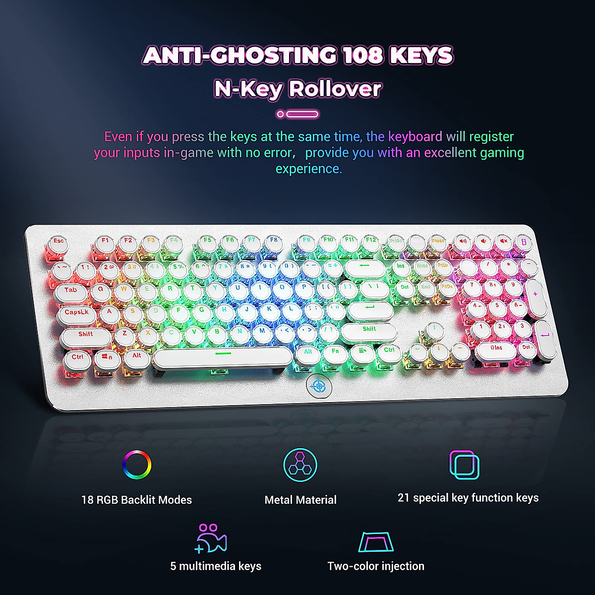 STOGA Retro Mechanical Keyboard, Typewriter Keyboard, RGB Gaming Keyboard with RGB Backlit, Wired White Keyboard with Round Keycaps and Multimedia Keys for Gaming/Office(108 Keys, Brown Switch)