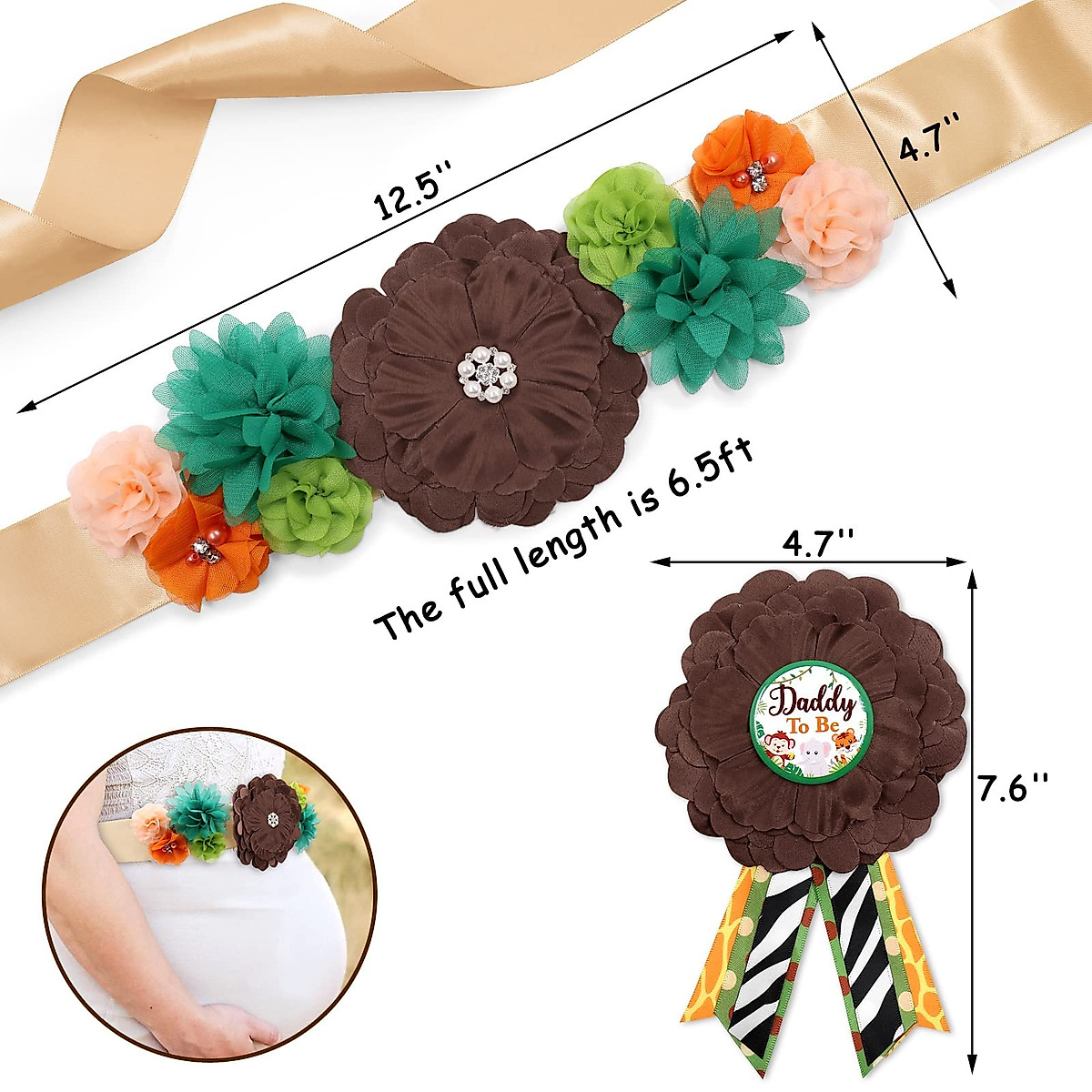 Safari Jungle Animals Maternity Sash Mom to Be Daddy to Be Corsage Set Jungle Safari Sash and Pins for Baby Shower Gender Reveal Keepsake Photo Props Pregnancy Flower Sash