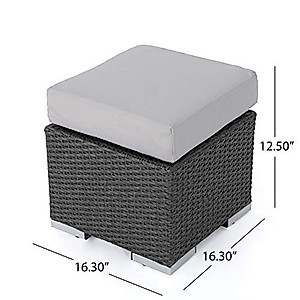 GDFStudio Outdoor 16 Inch Grey Wicker Ottoman Seat with Silver Water Resistant Cushion (Set of 2)