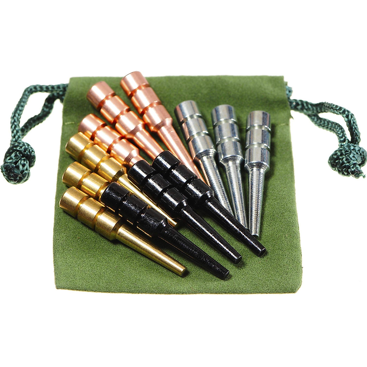 Premium Metal Cribbage Pegs, Set of 12, in Four, 1 5/16” Tall; Tapered to Fit 1/8 Holes, with Green Velveteen Drawstring Storage Pouch