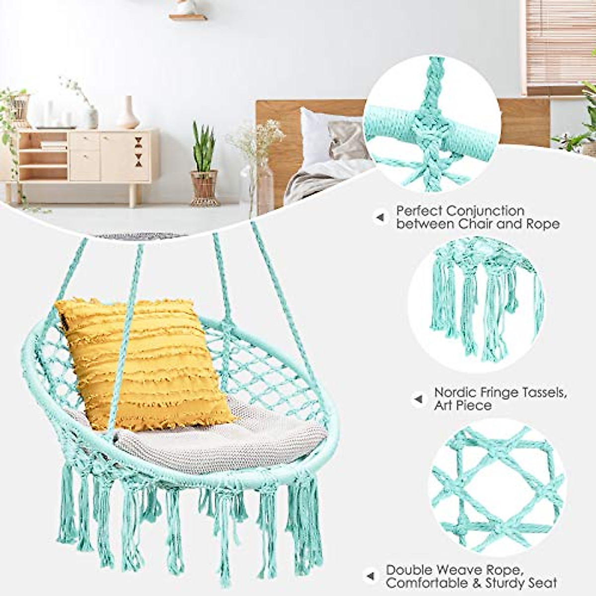 Tangkula Hanging Hammock Chair, Macrame Swing Chair with Tassels and Heavy-Duty Hanging Rings, Bohemian Style Handmade Cotton Rope Swing for Indoor Outdoor, Ideal for Bedroom, Patio, Yard, Garden