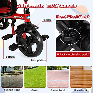 INFANS Kids Tricycle, 6 in 1 Stroll Trike with Adjustable Push Handle, Removable Canopy, Retractable Foot Plate, Lockable Pedal, Detachable Guardrail, Suitable for 10 Months to 5 Years (Red)