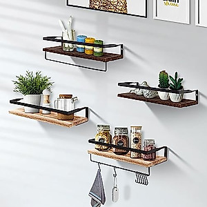 AGM Floating Shelves, Bathroom Floating Shelf Set of 2, Carbonized Black Wall Storage Shelf with Towel Bar, Wall Mounted Shelves for Plants, Book, Bathroom, Bedroom, Kitchen, Living Room Decoration