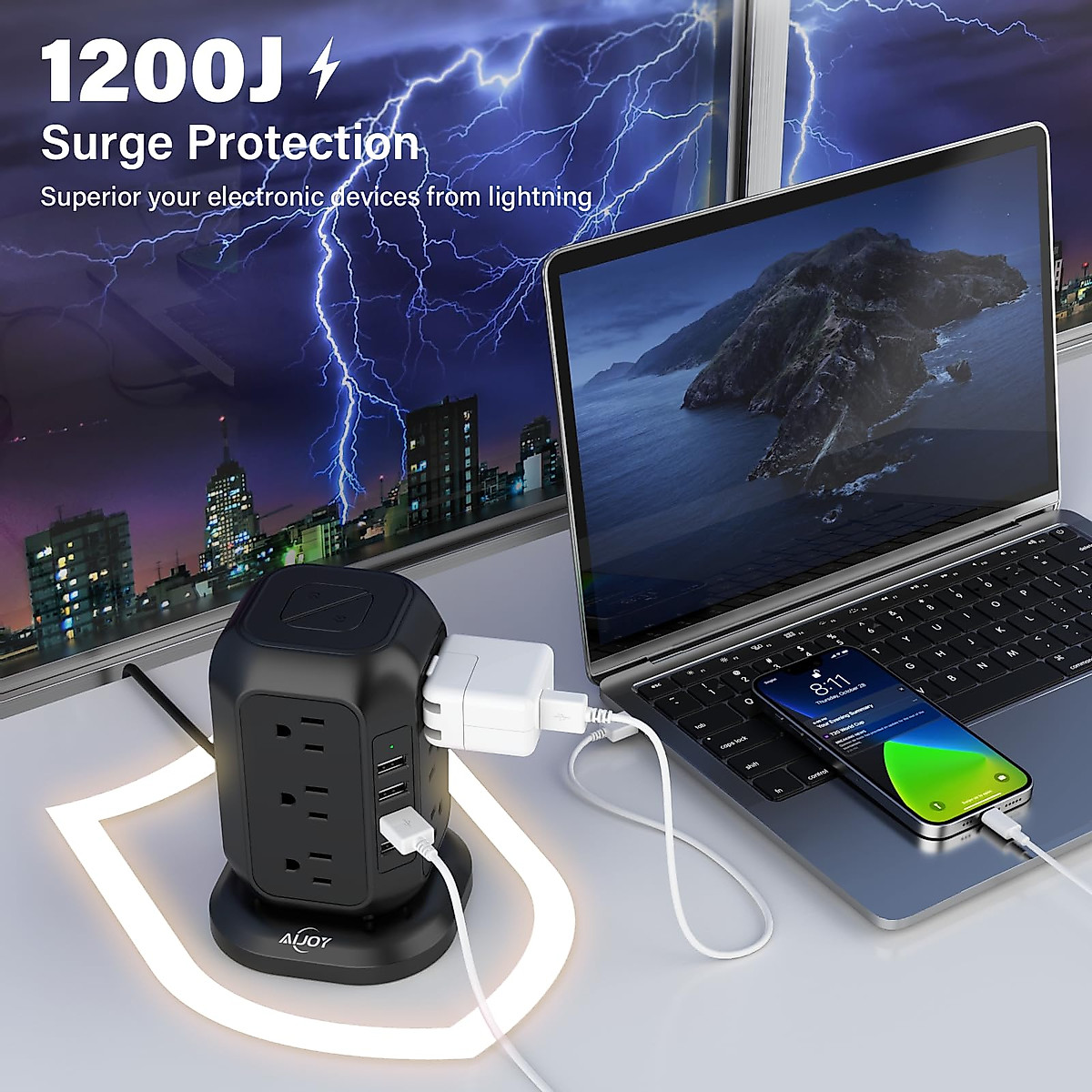 Power Strip Tower with USB Ports-AiJoy Surge Protector with 12 AC Outlet and 4 USB Ports, 10 Feet Extension Cord, USB Charging Station with Overload Protection
