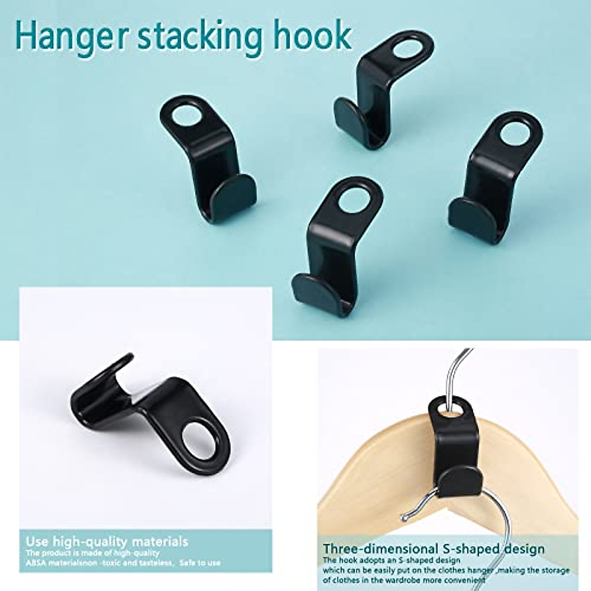 60 Pcs Clothes Hanger Connector Hooks Space Saving Hanger Extender Clips Plastic Hooks Cascading Hangers Space Saving Organizer Hook for Heavy Clothes Closet Home Decors (Black,60 Pieces)