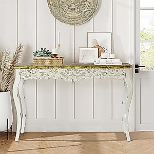 LuxenHome 46" Wood Decorative Console Table, Vintage French Country Entry Table, Farmhouse Antique Sofa Table with Wood Carvings, Woodgrain/Off-White