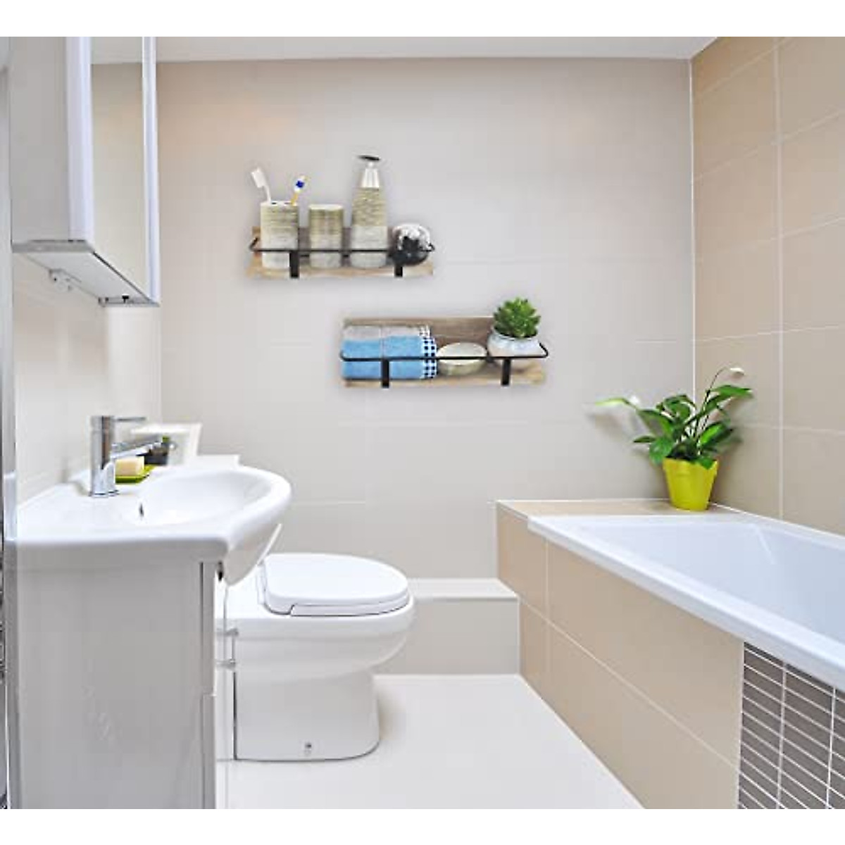 Spiretro Floating RV Shelves, Wall Mount Rustic Wood Wall Shelves with Metal Rail Storage Organize, Display, Décor for Bathroom Living Room Bedroom Kitchen Room Closet, Set of 2 (Large & Small), Grey