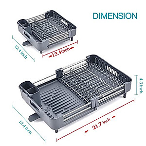 BRWINASLL Dish Drying Rack, Expandable Sink Dish Rack , Stainless Steel Drying Rack for Kitchen Counter and Drainboard Set with Removable Utensil Holder, Grey Dish Rack - 13.4-21.7 Inch
