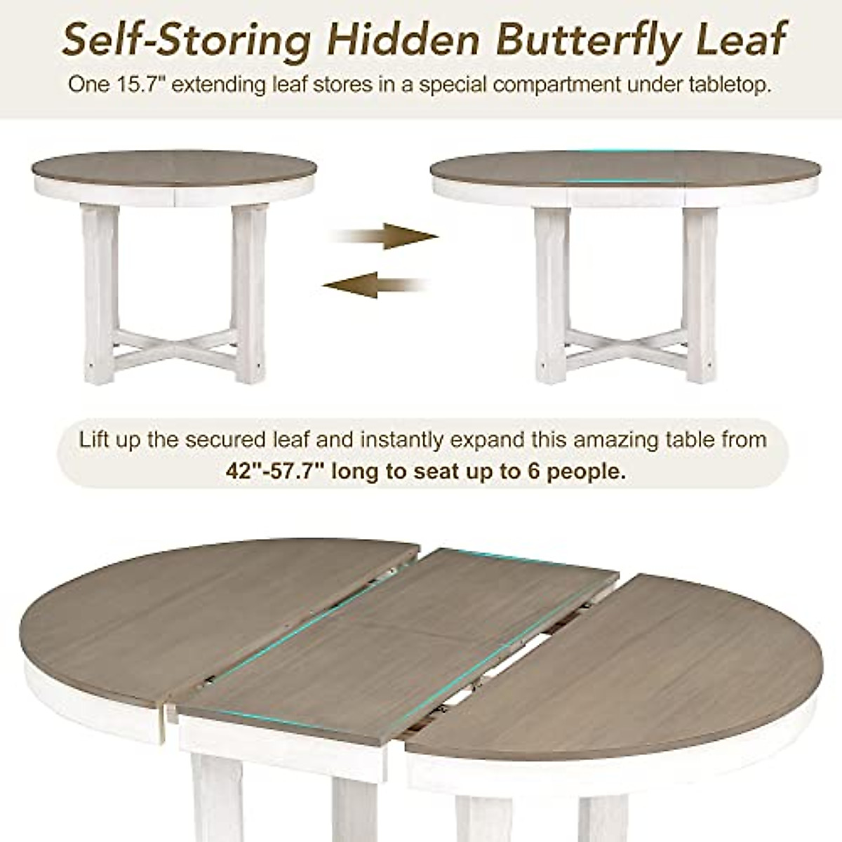 P PURLOVE Farmhouse 5 Piece Round Dining Table Set for 4,Two-Size Round to Oval Extendable Butterfly Leaf Wood Dining Table with 4 Upholstered Chairs for 4,Dining Room Table Set