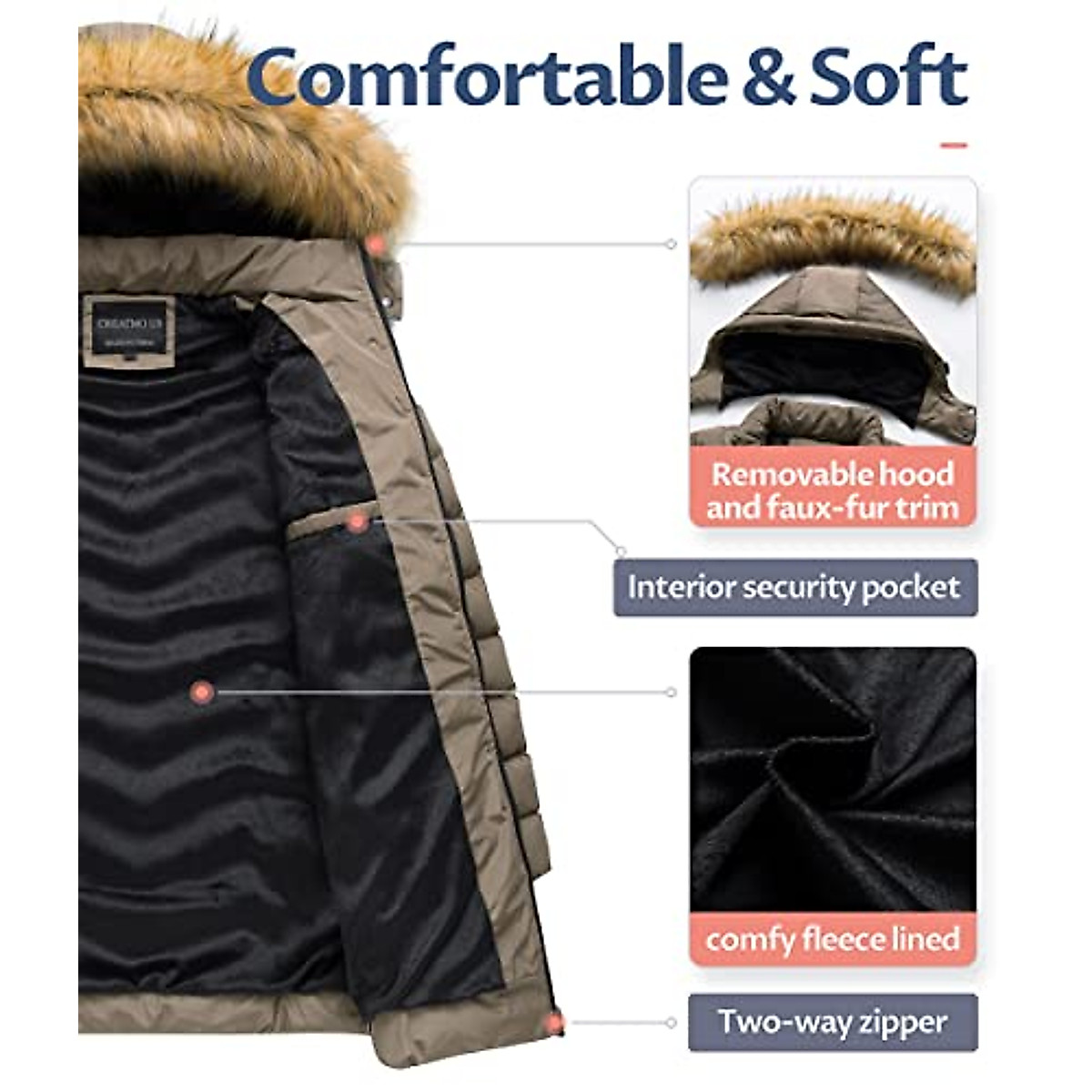 CREATMO US Women's Winter Hooded Faux Fur Coat Waterproof Warm Long Puffer Winter Thicken Parkas Coats Brown L