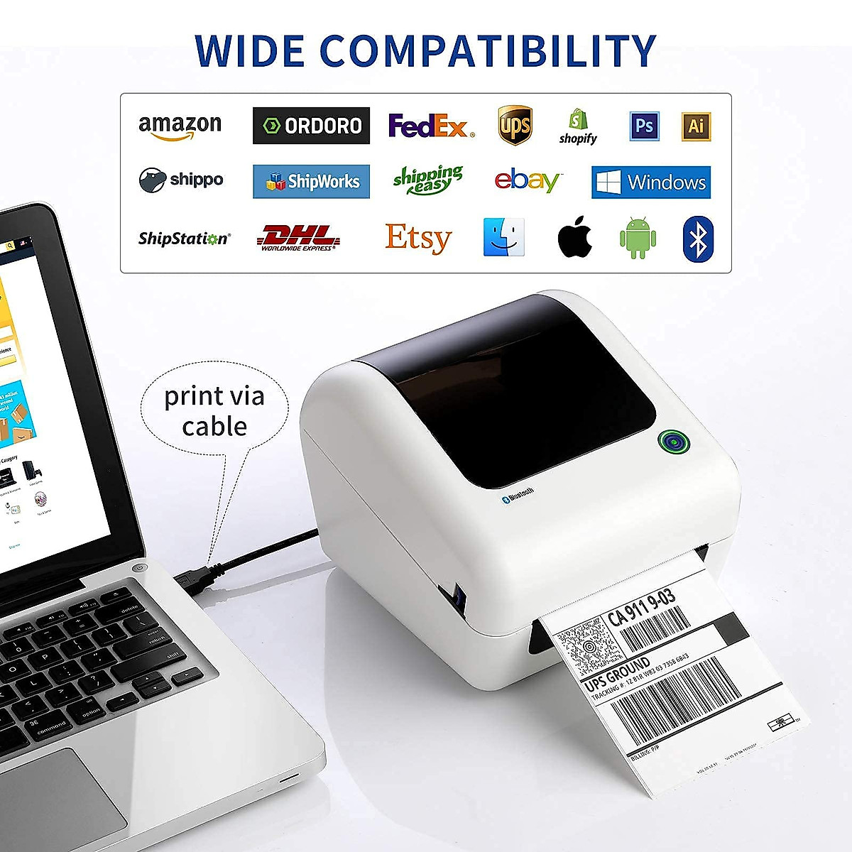 JADENS Bluetooth Thermal Shipping Label Printer - High Speed 4x6, Bluetooth Support PC and Mobile, USB for MAC, Bluetooth for PC and Phone, Compatible with Ebay, Amazon, Shopify, Etsy, USPS Barcode