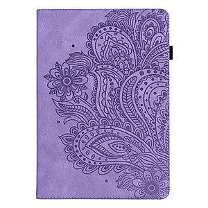 UUcovers for Kindle Fire HD 8 Case 8th/7th/6th Generation (2016/2017/2018) with Stand/Pencil Holder/Pockets [Embossed Pattern] PU Leather Folio Magnetic Wallet Shockproof Cover, Purple Peacock Flower