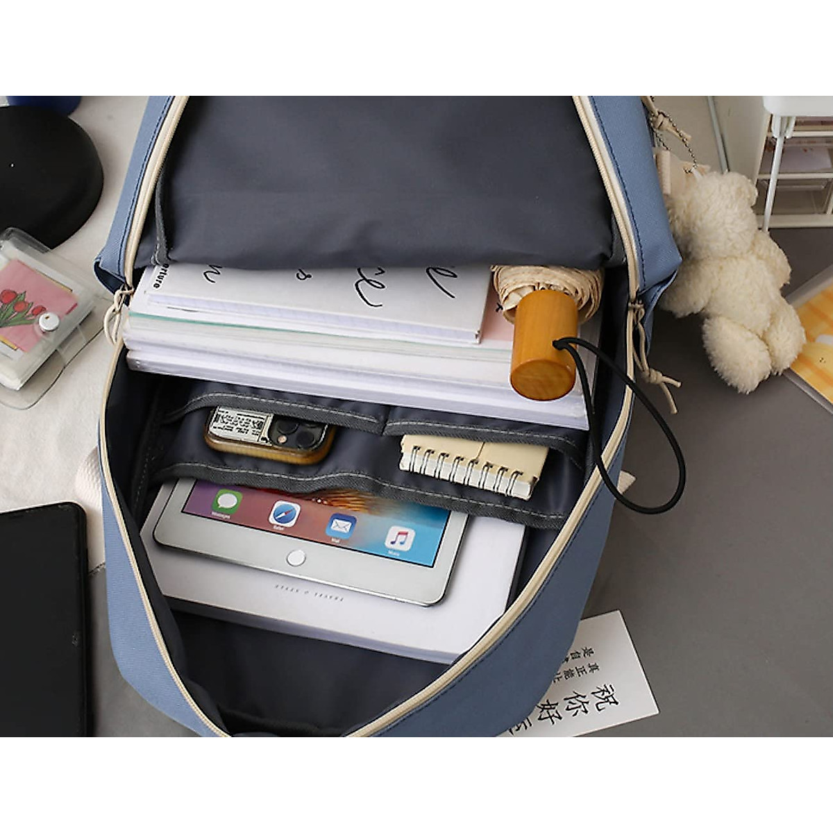 AONUOWE 5 pcs Cute Aesthetic Backpack Set for School Teens, 3 Plushies & 5 Pins & Cards Kawaii Backpack with Accessories (Blue)