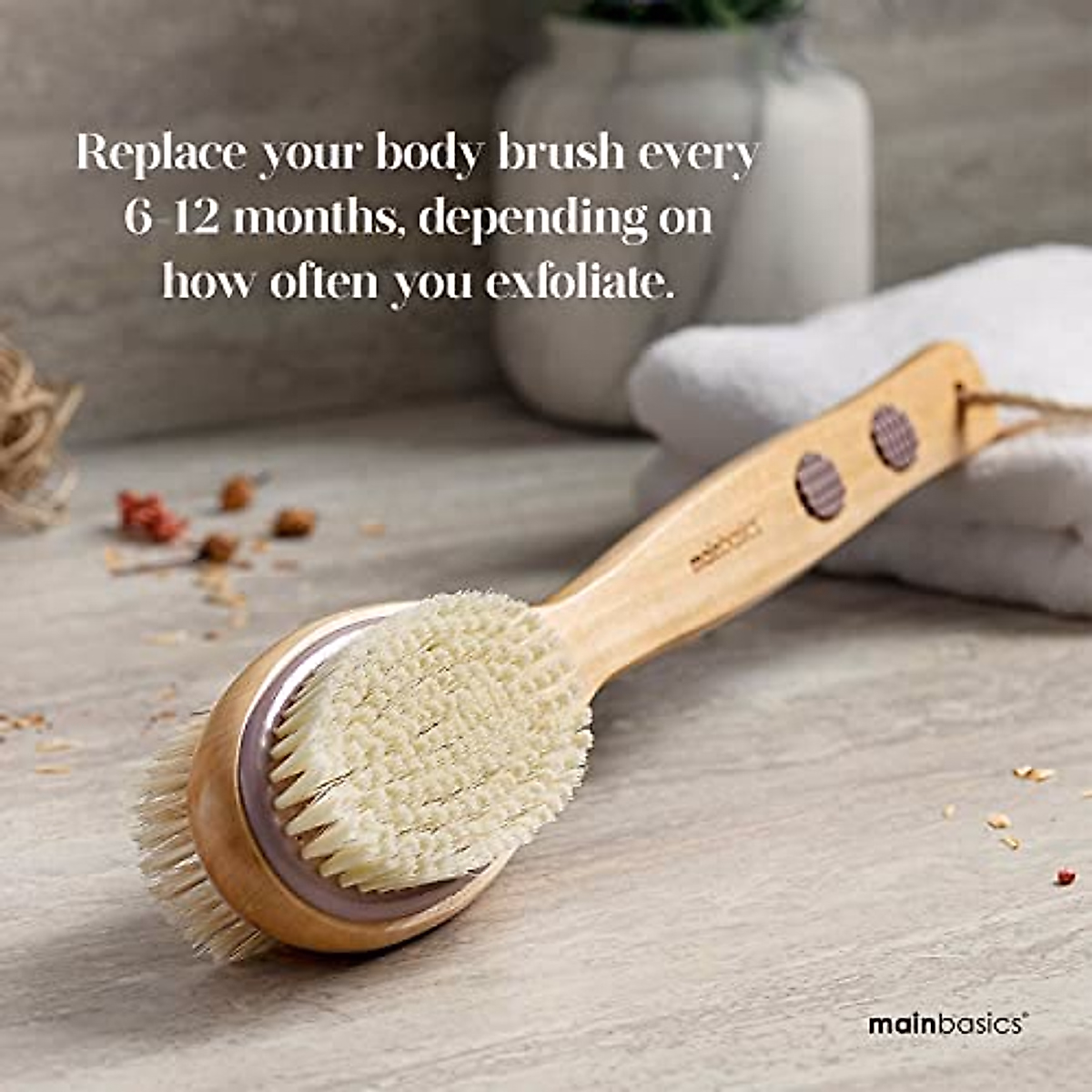 MainBasics Back Scrubber for Shower Long Handle Back Brush Dual-Sided with Exfoliating and Soft Bristles