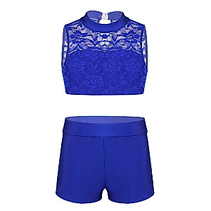 inlzdz Kids Girls 2PCS Tankini Sleeveless Racer Back Top with Booty Shorts Gymnastic Leotard Dancewear Sports Outfit Blue Turtleneck Lace 14