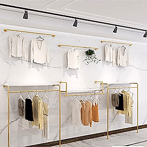 MDEPYCO Modern Simple Industrial Pipe Hanging Rods Clothing Rack,Retail Display Wall Mounted Storage Clothes Hanging Shelf, Wood Garment Rack (Gold, 47.2" L)