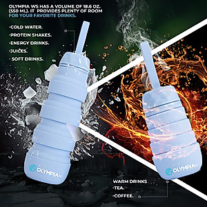 OLYMPIA WS collapsible water bottles 18oz silicone foldable leakproof BPA free for sports gym cycling climbing camping hiking traveling essentials carabiner lightweight portable (Navy Blue)