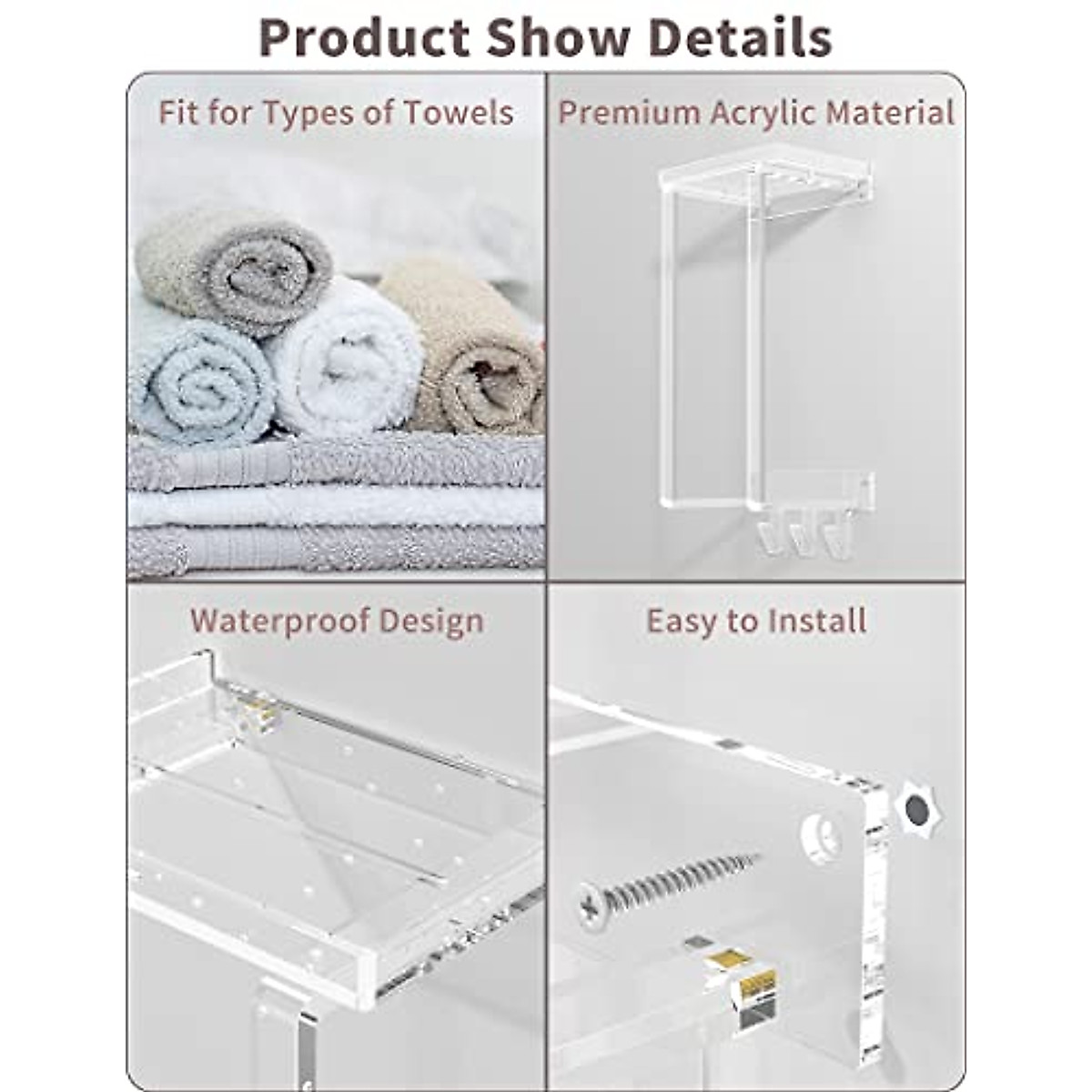 NPPLUS Towel Racks for Bathroom,Acrylic Clear Towel Rack Holder Wall Mounted, Towel Storage Organizer, Bath Towel Holder for Folded Large Towel Washcloths, Small Rolled Towels, Hand Towels