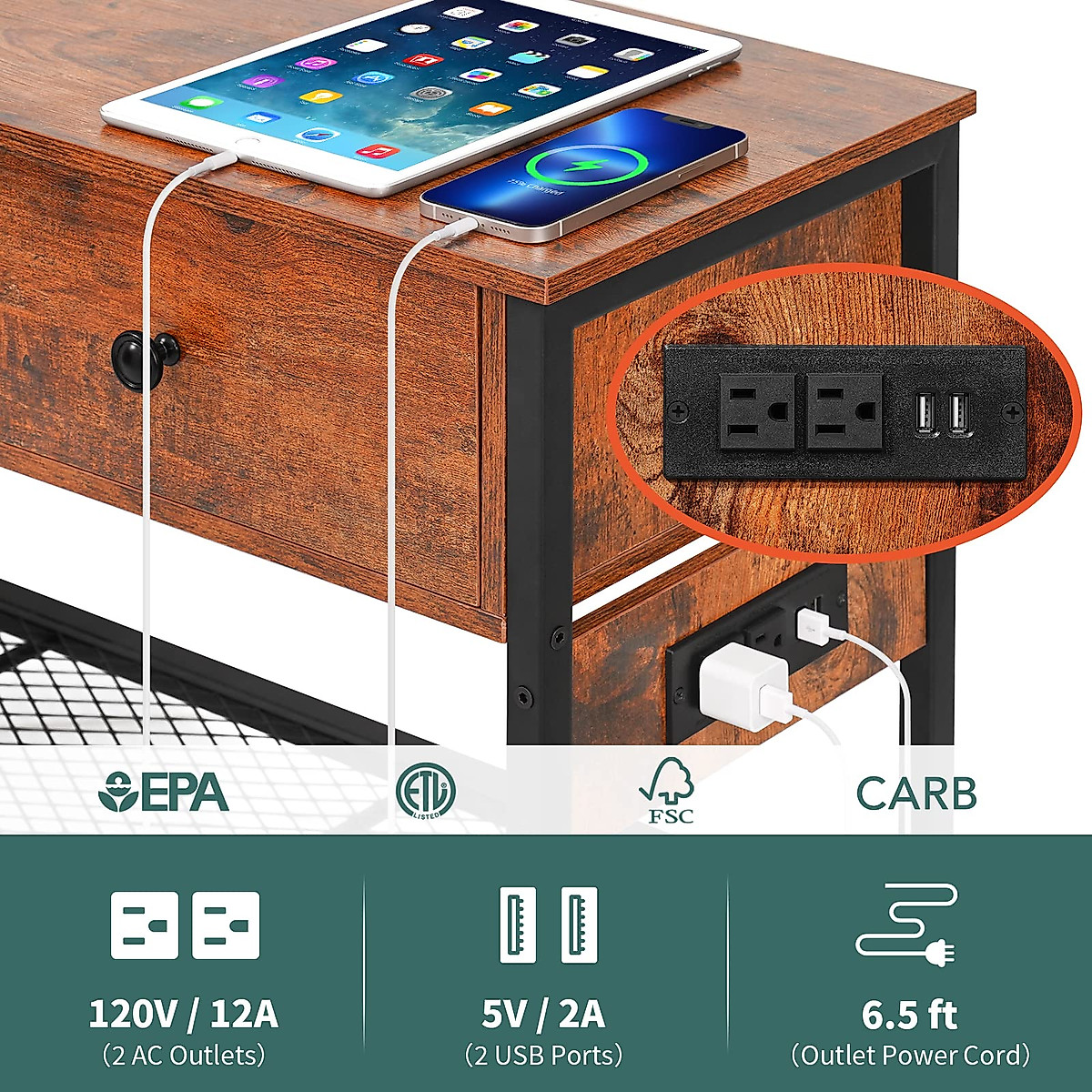 Yoobure Console Table with 3 Drawers, 47" Entryway Table with Storage Shelves, Narrow Long Sofa Table with Outlets & USB Ports, 3-Tier Entry Table, Couch Table for Living Room, Hallway, Foyer, Hall