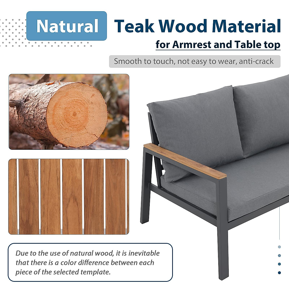 JOIVI Outdoor Couch, 3-seat Aluminum Outdoor Sofa with Teak Arms, Patio Couch with Teak Wood Armrest, High-Density Sponge, 3-Seater Aluminum Frame Couch for Outside Poolside, Lawn, Backyard, Gray