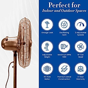 Designer Aire Oscillating Indoor/Outdoor Standing Floor Fan for Cooling Your Area Fast - 3-Speeds, Adjustable 40-51 Inches in Height, Fits Your Home Decor