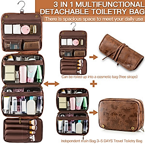 Elviros Hanging Toiletry Bag Removable Travel Bag PU leather Makeup Cosmetic Organizer Kit, Dark Brown