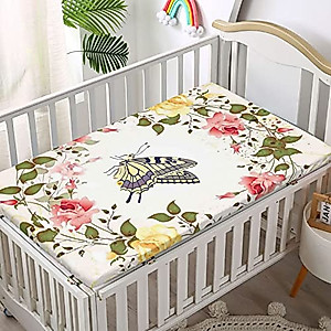 Rose Themed Fitted Mini Crib Sheets,Portable Mini Crib Sheets Soft Toddler Mattress Sheet Fitted-Crib Mattress Sheet or Toddler Bed Sheet,24“ x38“,Multicolor
