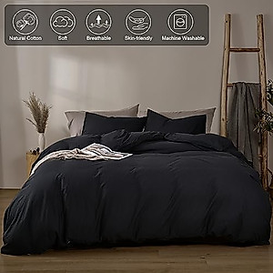 PHF 100% Cotton Duvet Cover Queen Size, 3pcs Washed Cotton Linen Like Comforter Cover, Soft Breathable Durable Cooling Duvet Cover for Hot Sleepers, 90" x 90", Black