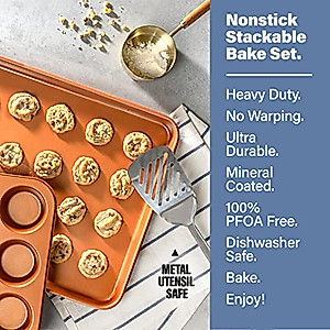 6 Piece Non-Stick Bakeware Set Includes Baking Pans, Cookie Sheet, Loaf Pan, Muffin Tin and more with Premier Ti-Cerama Copper Coating 100% PFOA Free,Graphite