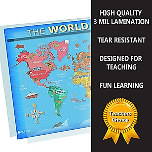 USA and World map poster 2 pack for kids Laminated large illustrated Light blue Young N Refined 15x20)
