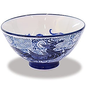 Mino Ware Rice Bowl Set, 4.8 inch, Dragon Design, Indigo Blue, Japanese Ceramic Bowls, 6.8 oz, Set of 2