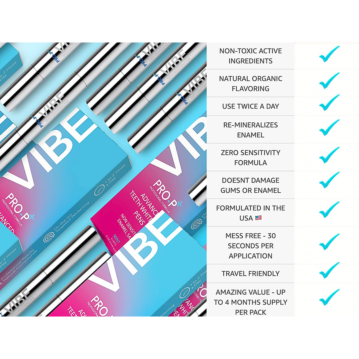 Vibe Teeth Whitening Pens, Healthy, Peroxide Free 4 Pack, Non-Toxic Fast Results, 3ml per pen, Vegan, Painless, teeth whitening kit for sensitive teeth, Travel Sized, Easy to Use, Organic Mint Flavor