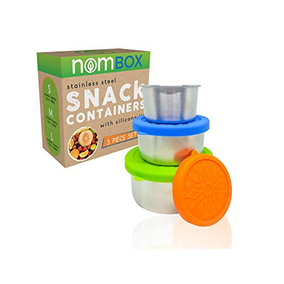 NomBox Stainless Steel Food Storage Containers – Set of 3 Kitchen Lunch/Snack Containers With Leak-proof Silicone Lids – Reusable & Washable – For Portion Control, Food Prep & Storing