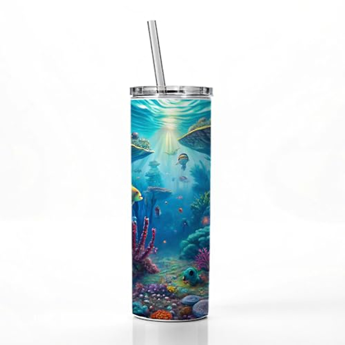Psychedelic Underwater Ocean Scene Skinny Tumbler 20oz with Straw Insulated Water Bottle Gift