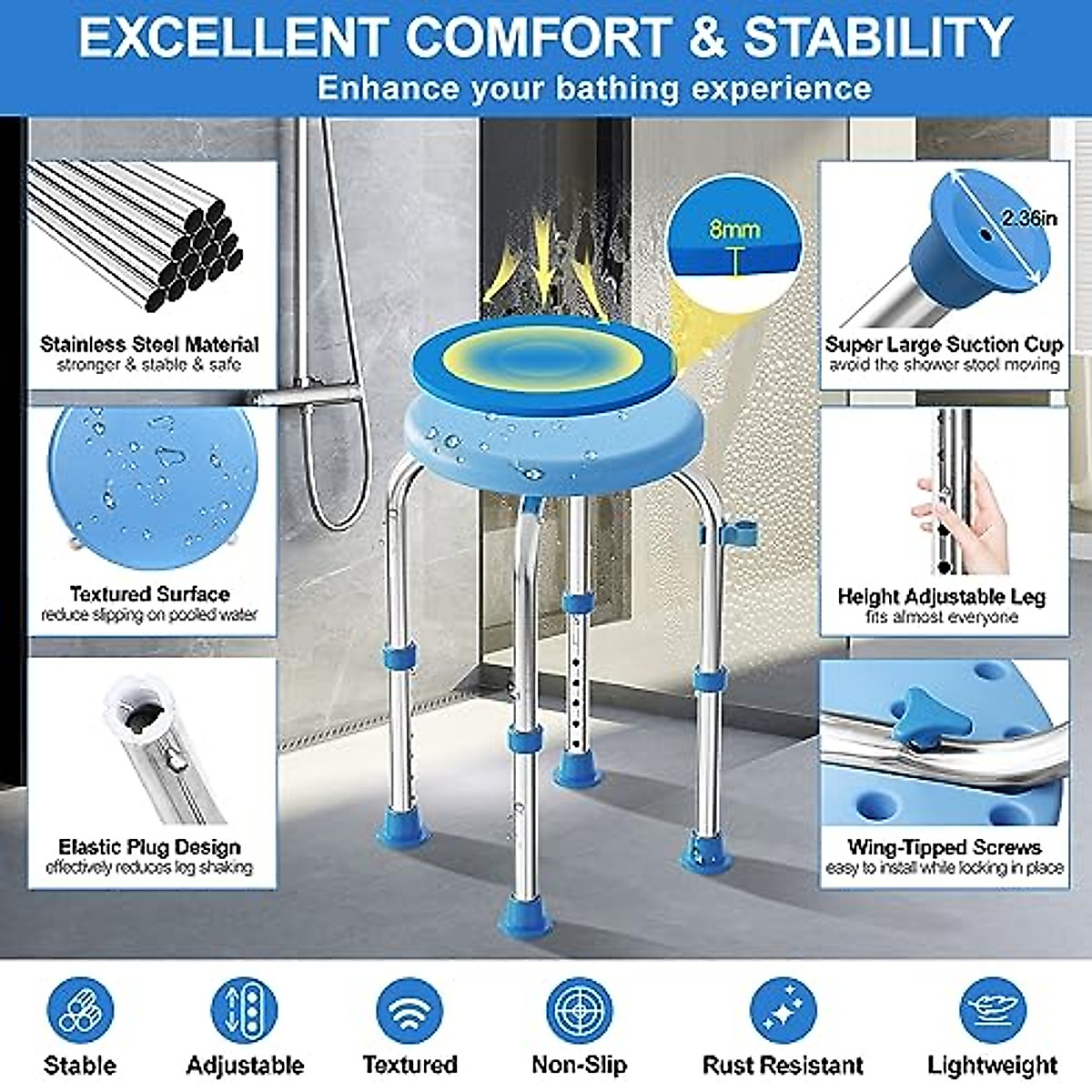 UGarden Heavy Duty Stainless Steel Shower Chair Bath Seat, 350lbs Adjustable Bath Chair, Shower Stools for Seniors, Handicap Bathroom Stool, Round Bathtud Seat for Seniors, Disabled, Handicap, Injured