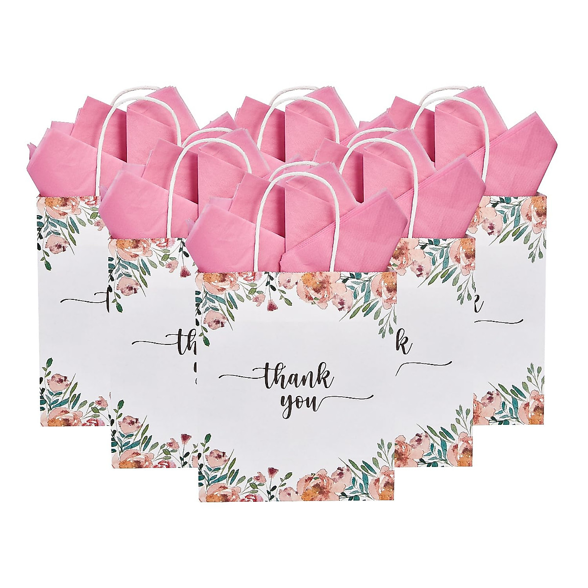 50 Pack Medium White & Spring Floral Thank You Paper Gift Bags with Handles 10 x8 x4 Inches and Pink Tissue Paper for Small Business Wedding Baby Shower Birthday Party Favors Goodies