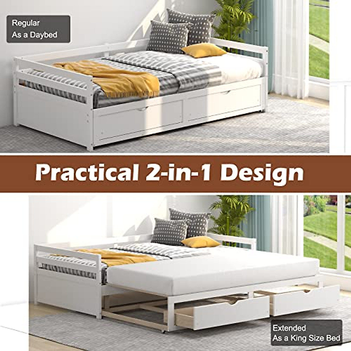 DORTALA Twin to King Daybed with Trundle and 2 Storage Drawers, Modern Extendable Daybed with Pull Out Bed Twin, Dual-use Sofa Bed for Bedroom, Guest Room, Living Room, No Box Spring Required, White