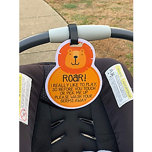 THREE LITTLE TOTS – Animal Theme No Touching Baby Car Seat Sign or Stroller Tag - CPSIA Safety Tested (Lion)