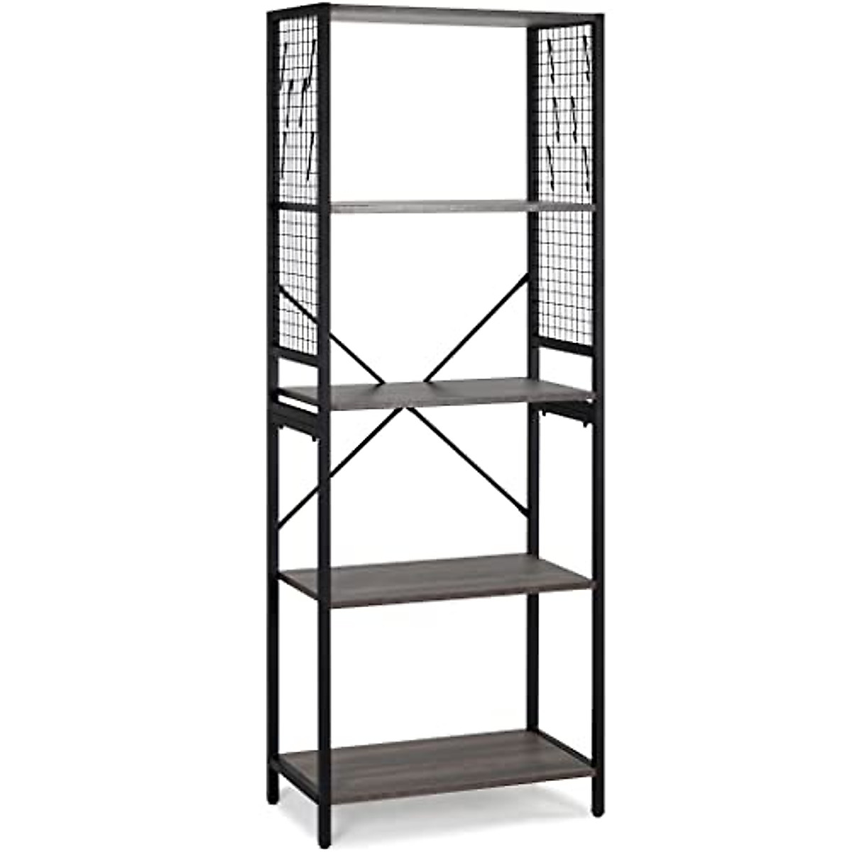 LAVIEVERT Industrial Bookshelf, 5-Tier Vintage Bookcase with Metal Grid and 12 S-Shaped Hooks, Multipurpose Storage Shelf Display Rack for Living Room, Bedroom, Kitchen & Office - Black